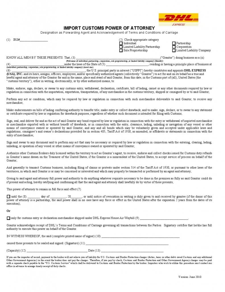 Free DHL Express Import Customs Power of Attorney Form Free DHL Express Import Customs Power of Attorney Form