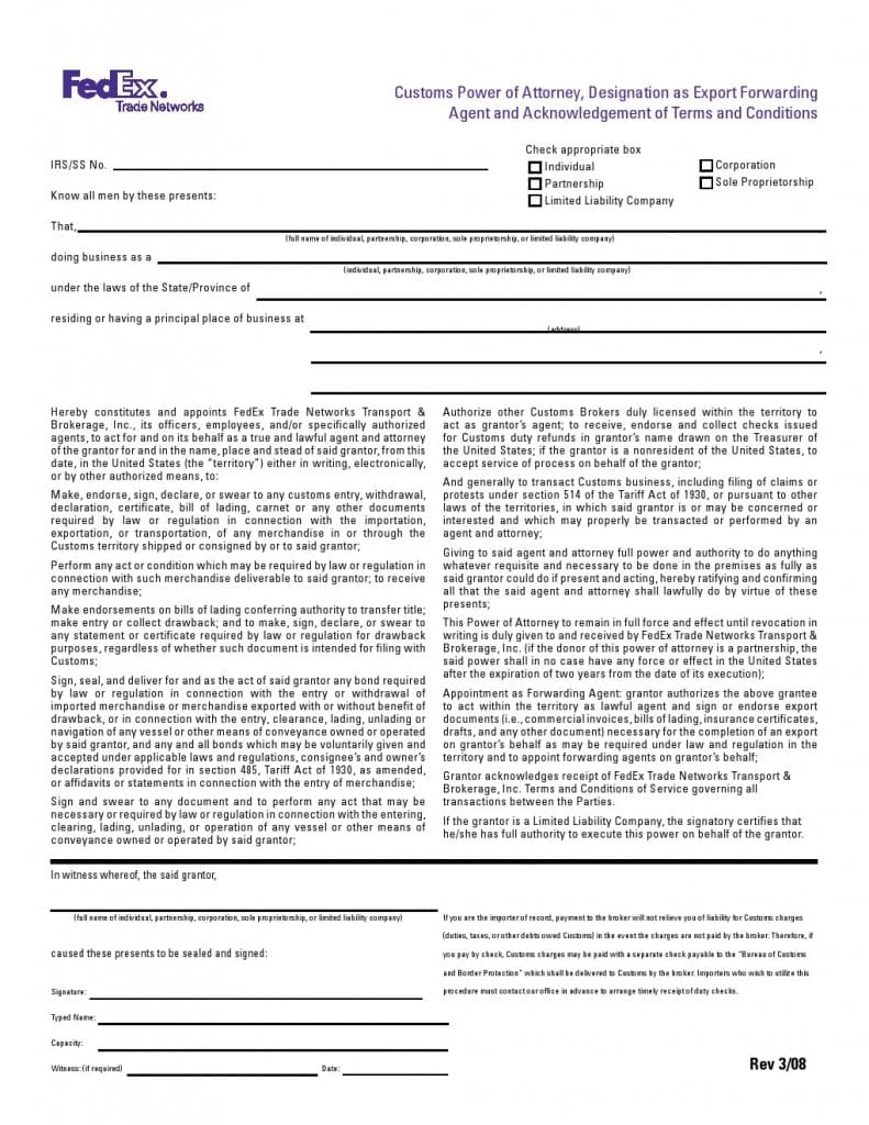 Free Customs Power of Attorney Forms