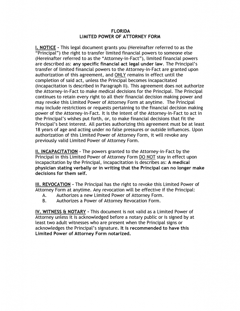 Free Florida Limited Springing Power Of Attorney Form